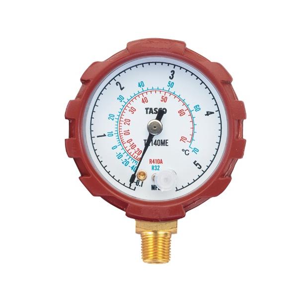 《仕様》●適用：高圧側●圧力範囲 TA140ME：-0.1〜5.5MPa TA141ME：-0.1〜3.8MPa●R410A、R32飽和温度目盛●ゲージ取付ネジ：1/8″NPT●振動吸収機能付●0点調整機能付●ゲージブーツ付