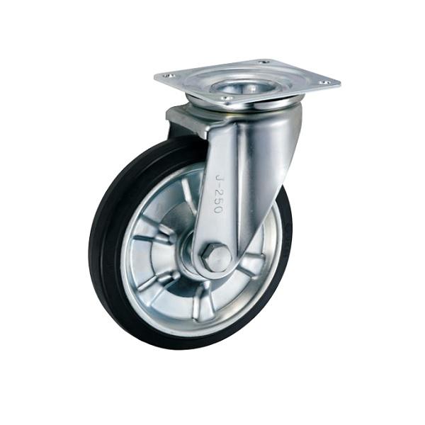 《仕様》●φ250中荷重用旋回金具●車輪仕様：鋼板製ゴム●軸受：鋼板製ベアリング入り●最大荷重：330daN●最大荷重：336.6kgf●タイヤ幅R：50mm●シャフト径D：25mm●取付け高さH：305mm●トッププレートF1：160mm...