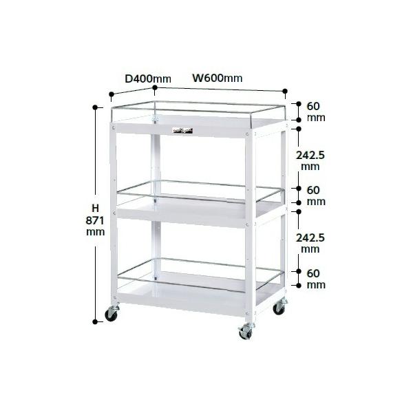 《コンビニワゴン W600mm×D400mm》●サイズ　D400mm×W600mm×H871mm●全体均等耐荷重　50kg （自重を含む）●棚板段数： 3段●コボレ止め付●質量　12.3kg●WCF3P特長●軽い！安い！きれい！●パネル付は...