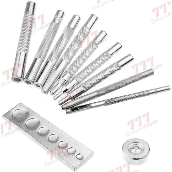 【セット内容】・万能打ち台（7穴）×1 ・打ち台×1 ・ハトメ抜きポンチ×2 (2.5mm／3.0mm) ・ハトメ打ちセット×7 (201×1／655×2／633×2／831×2)