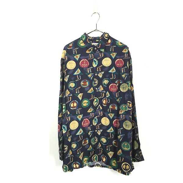 古着 90s London Derry フェイス アート 総柄 100% レーヨン ボックス シャツ L