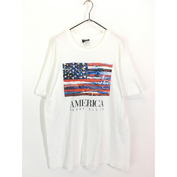 古着 90s USA製 PERRY ELLIS AMERICA 星条旗 フラッグ アート Tシャツ XL位 古着