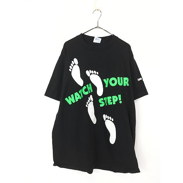 古着 90s USA製 Captain Morgan 「WATCH YOUR STEP!」 足跡 ステップ ラム リキュール Tシャツ XL 古着