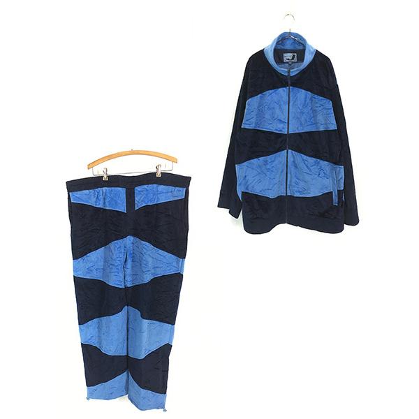 古着 00s JAFARI 紺×水色 バイカラー 光沢 ベロア ジャージ トップ &amp; パンツ セットアップ XL 古着