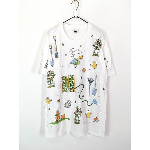 レディース 古着 90s USA製 rel e vant 「Trowel do I Love thee!」 ガーデニング 家庭菜園 総柄 プリント Tシャツ L 古着