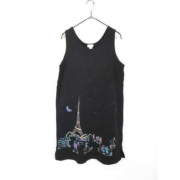レディース 古着 90s USA製 CITE エッフェル塔 街並み カラフル プリント ノースリーブ ワンピース ひざ丈 M 古着