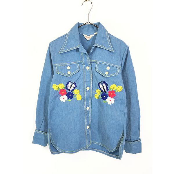 レディース 古着 70s Blanquita 花 フラワー 蝶々 刺しゅう 開襟 デニム メキシカン シャツ 36 古着