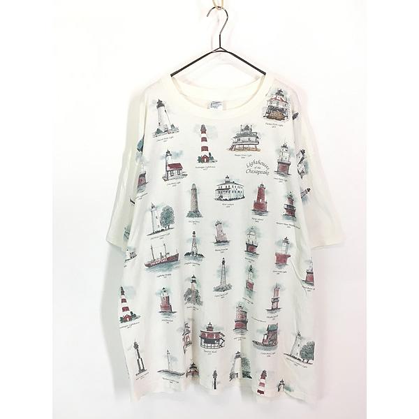 古着 00s USA製 灯台 マルチ 総柄 アート 100% コットン Tシャツ XXL 古着
