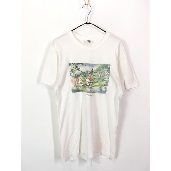 古着 90s Summerhill 建築 街並 フォト 水彩 アート Tシャツ M