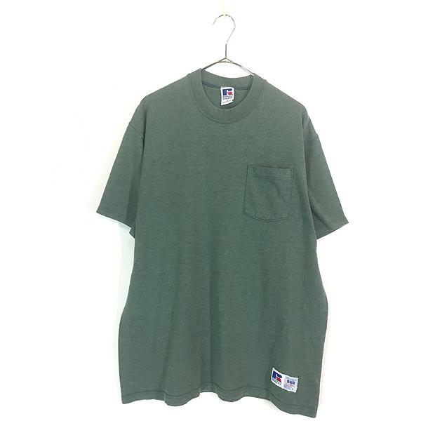 古着 90s USA製 Russell High Cotton 無地 ソリッド ポケット付 Tシャツ ポケT アイビーグリーン L