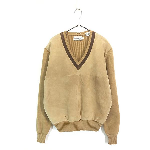 古着 80s Oleg Cassini 本革 スエード レザー × アクリル ニット セーター L