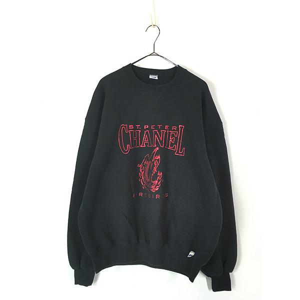 古着 90s USA製 Russell 「ST.PETER CHANEL」 ファイヤー バード 4段 スウェット トレーナー XL 古着