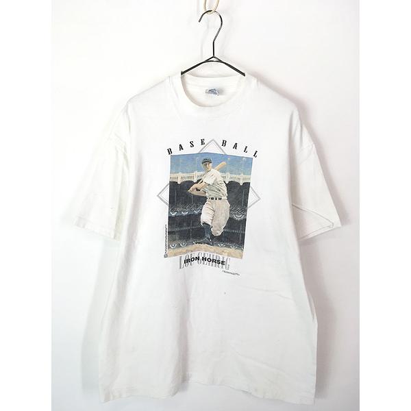 古着 90s USA製 BASE BALL 「Lou Gehrig」 ルー ゲーリッグ フォト メッセージ Tシャツ L 古着