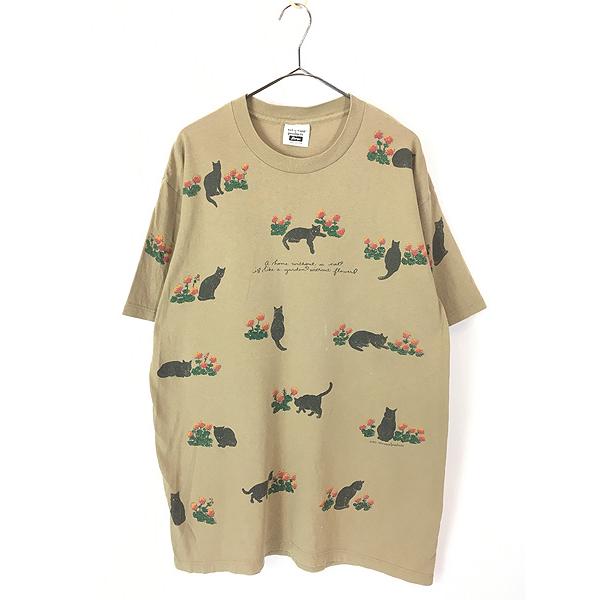 古着 90s USA製 rel e vant products 猫 ネコちゃん フラワー アート Tシャツ L 古着