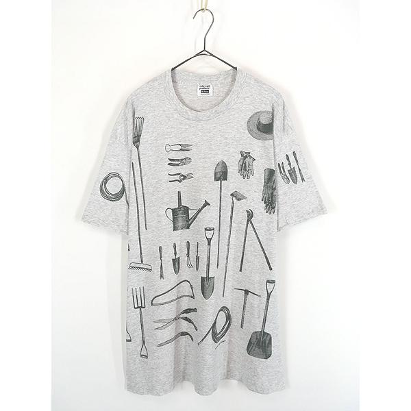 古着 90s USA製 rel e vant 手袋 スコップ カーデニング ツール アウトドア 総柄 アート Tシャツ XL 古着