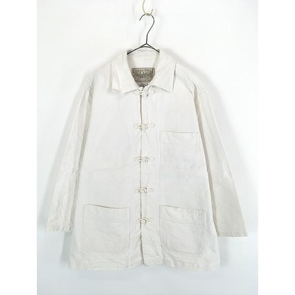 古着 90s Sostanza Work Wear ホワイト デニム チャイナ カンフー カバーオール ジャケット S