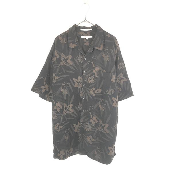古着 90s PERRY ELLIS 草花 ボタニカル 総柄 リネン レーヨン 半袖 開襟 ボックス シャツ 半袖 XL 古着