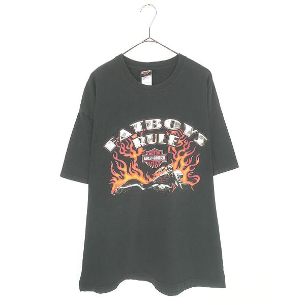 古着 00s USA製 HARLEY DAVIDSON 「FAT BOY TULE」 バー&amp;シールド ファイヤー バイク グラフィック Tシャツ XL 古着