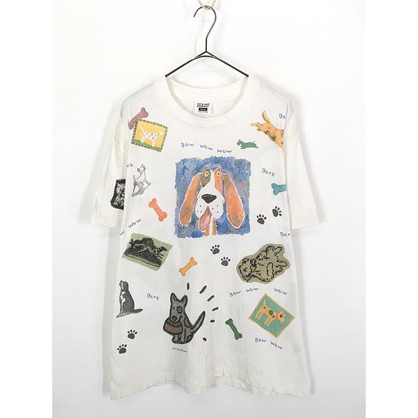 古着 90s USA製 rel e vant products 犬 わんちゃん 肉球 マルチ オールオーバー Tシャツ L 古着
