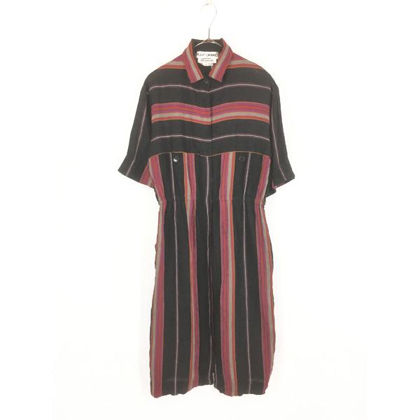 レディース 古着 80s ALBERT CAPRARO マルチ ストライプ 半袖  100% リネン ワンピース ロング丈 M位