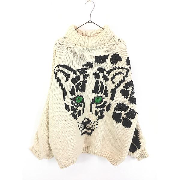 レディース 古着 90s ROBERTA FREYMANN チーター アニマル 両面 ウール タートルネック ハンド ニット セーター L