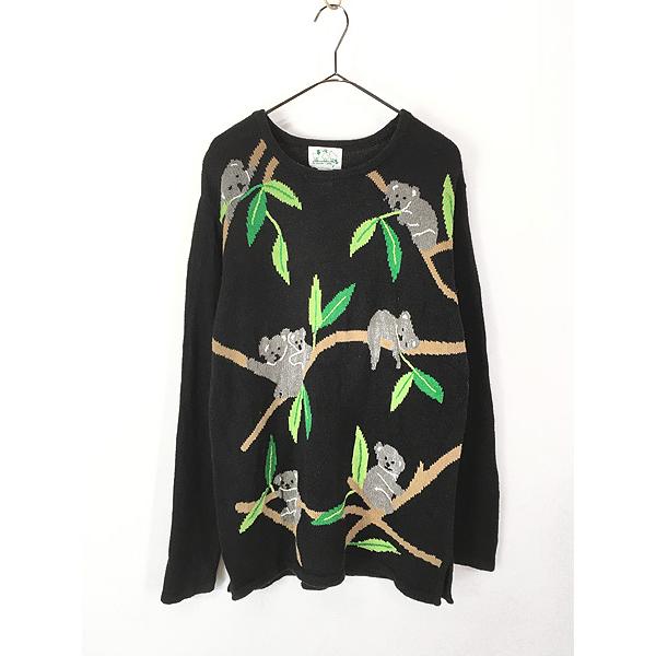 レディース 古着 the Quacker Factory コアラ アニマル 総柄 麻 コットン ニット セーター L 古着