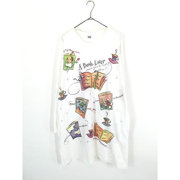 レディース 古着 90s USA製 rel e vant products 本 ブック 読書 100%コットン 長袖 Tシャツ ロンT ワンピース ひざ丈 L位 古着