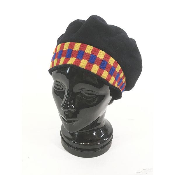 雑貨 古着 80s Canada製 parkhurst チェック ニット ブラック ウール ベレー帽 帽子 M