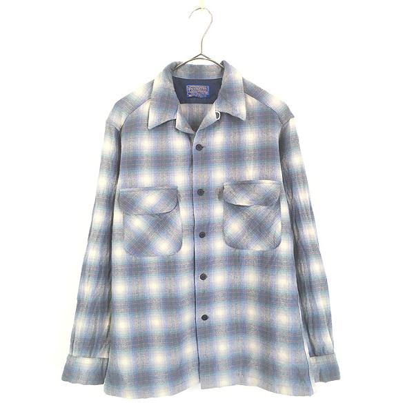 古着 70s USA製 Pendleton ブルー オンブレ シャドー チェック 開襟 ボックス ウール ボード シャツ S