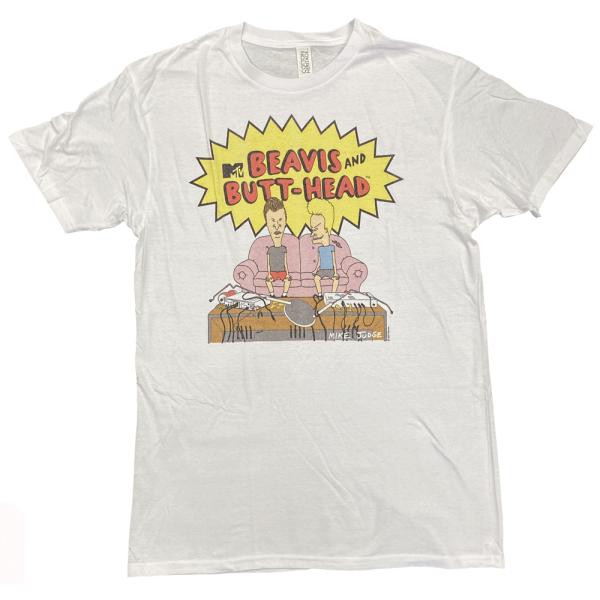 BEAVIS AND BUTTHEAD・ビーバス・アンド・バットヘッド・ WATCHING TV・Tシャツ・ 映画Tシャツ ・アニメTシャツボディ：やや薄めの柔らかい今風のボディカラー：ホワイト素材：コットン100％●ご注意：実物と色等が多...