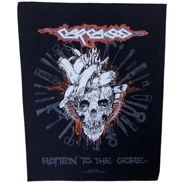 カーカス・CARCASS・ROTTEN TO THE GORE・バックパッチ・ワッペン・パッチ80年代からスラッシュ、メタルファンに愛用されている台形のバックパッチです。イラストはプリント、パッチの周りは糸で縫われてます。Gジャン、皮ジャン...