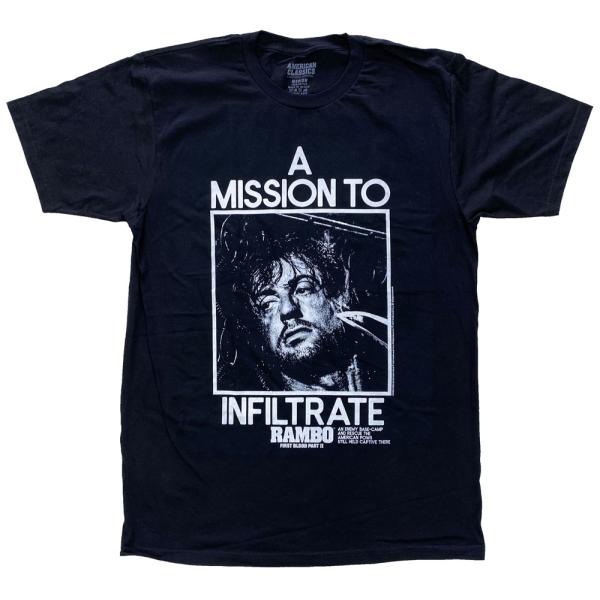 RAMBO・ランボー・INFILTRATE・Tシャツ・映画Tシャツオフィシャル商品　正規ライセンス商品ボディ：やや薄めの柔らかい今風のボディ素材：コットン100％カラー：ブラック●ご注意：実物と色等が多少異なる場合があります。●店頭販売の為...