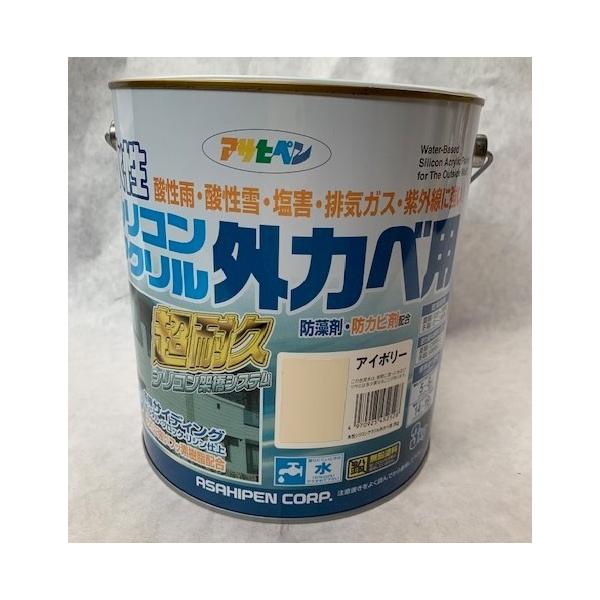 特価品の為、缶に凹み汚れがある場合があります●商品名アサヒペン　水性シリコンアクリル外かべ用　3kg　アイボリー●商品詳細【標準塗り面積】・吸い込みが多く凹凸の大きい壁　5〜6ｍ2 (畳3〜4枚分)　・吸い込みが少なく平滑な壁　　　14〜1...