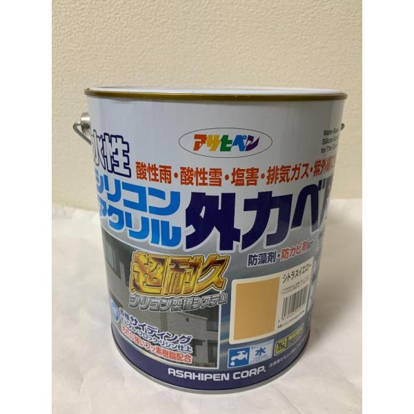 特価品の為、缶に凹み汚れがある場合があります●商品名アサヒペン　水性シリコンアクリル外かべ用　3kg　シトラスイエロー●商品詳細【標準塗り面積】・吸い込みが多く凹凸の大きい壁　5〜6ｍ2 (畳3〜4枚分)　・吸い込みが少なく平滑な壁　　　1...