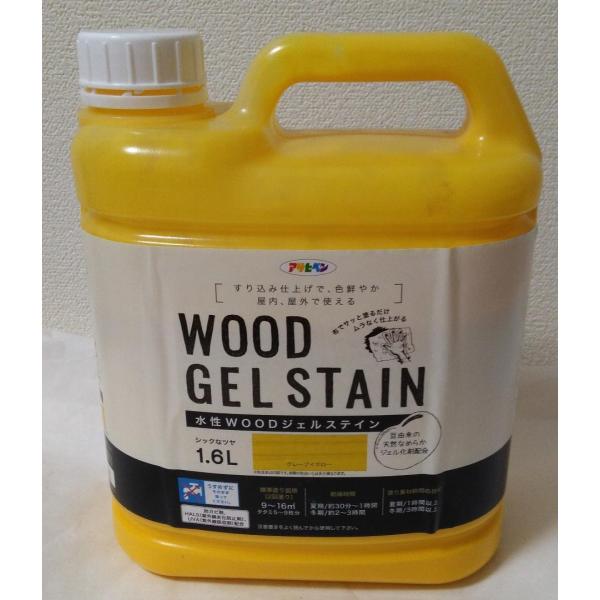 ●商品名アサヒペン　水性WOODジェルステイン　1.6L　グレープイエロー●商品詳細【塗り面積】 9〜16m2/2回塗り 【乾燥時間】 夏期/約30分〜1時間：冬期/約2〜3時間 【光沢】半ツヤ【塗膜の仕上がり】透明(木目を生かす)【用途】...