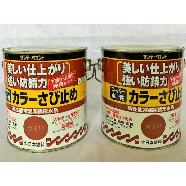 特価品のため缶にサビや凹みがある場合がございます●商品名サンデーペイント　スーパー水性カラーさび止め　0.7L　赤さび　2缶セット●商品詳細【塗り面積】約６m2（タタミ約4枚分）【乾燥時間】表面乾燥：約25分（20℃）　約45分（冬期）【用...