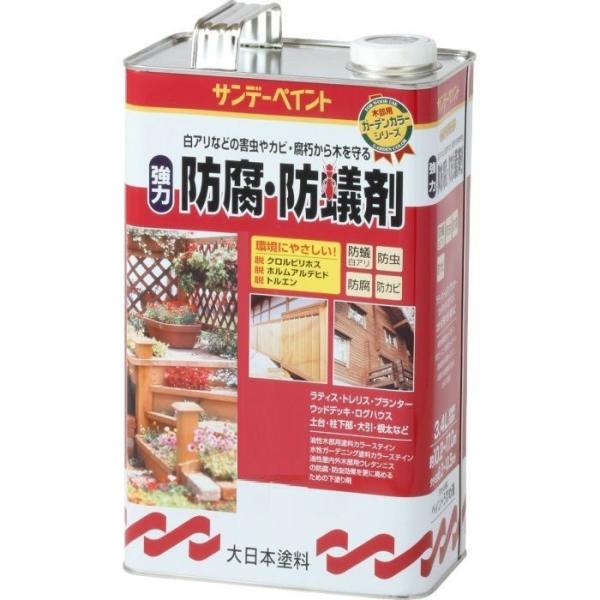 取寄せ商品の為、発送までに2〜3日営業日かかります●商品名サンデーペイント　強力 　防腐・防蟻剤　3.4L　木目オレンジ●商品詳細【塗り面積（2回塗り）】約10.2〜17m2（タタミ約6.3〜10.5枚分）【乾燥時間】表面乾燥：約10時間（...