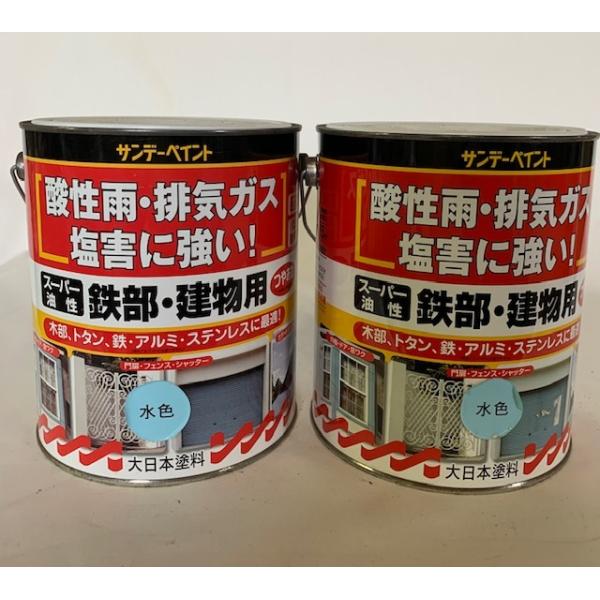 特価品のため缶にサビや凹みがある場合がございます●商品名サンデーペイント　スーパー油性　鉄部・建物用　1.6L　水色　2缶セット●商品詳細【塗り面積（１回塗り）】約15m2（タタミ約9枚分）【乾燥時間】表面乾燥：約20分（20℃）　約45分...