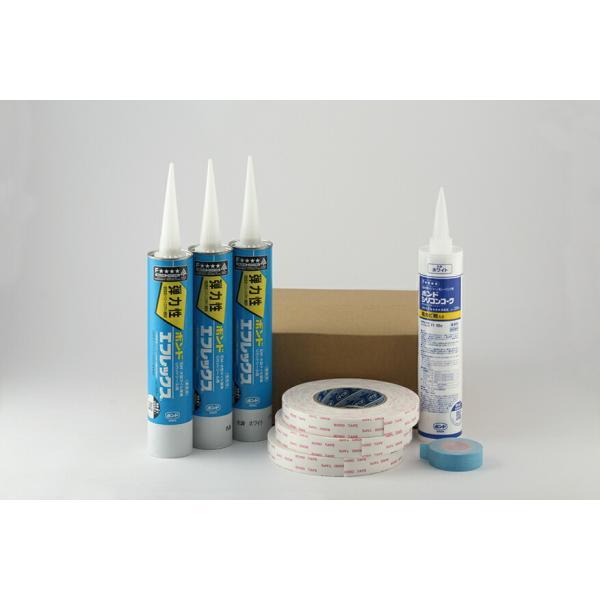 ※パニート・モザイコの施工には必ず専用接着剤セットをご使用ください。【内容】テープ3巻、接着剤3本、マスキング1巻、コーキング剤1本【材質】テープ：アクリル系粘着剤両面テープ接着剤：1液型エポキシ樹脂系接着剤【サイズ・容量】テープ：厚さ1m...