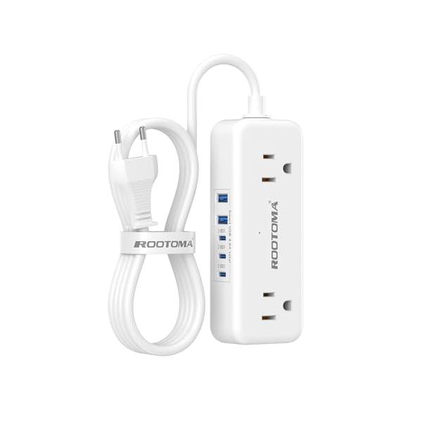 [1台9役 旅行用電源変換プラグ] 海外のCタイプコンセントに対応し、日本の電気製品が使用できるよう変換します。4つのAC差込口、2つのUSB-Aポート、3つのType-Cポートを搭載し、最大9台の電子機器を同時に充電可能。対応国・地域は、...