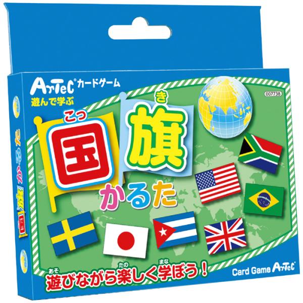 国旗かるた カードゲーム。46カ国の国旗を遊びながら覚えよう！2つの読み方でレベルごとに遊べる！2種類のかるたができるダブル読み札！★レベル1：頭文字のヒントで遊ぶ通常のかるたです。★レベル2：文章のヒントだけで遊ぶかるたです。