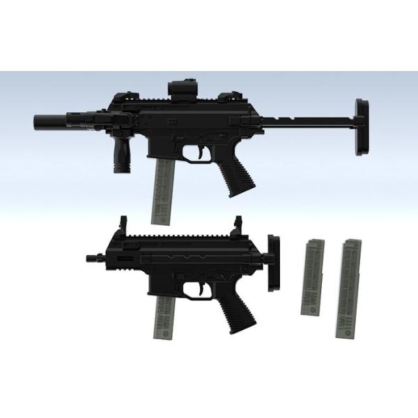 ストック展開形状&amp;収納形状の2種類のボディが付属する2挺セット。20連・30連の半透明弾倉。サプレッサー有無の銃身。フリップアップ式バックアップサイトは起倒形状で2種類が付属。さらにオプションとして、T2タイプのドットサイト、ライト...