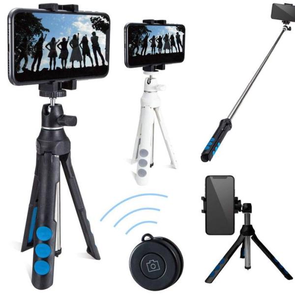 自撮り棒としても使用できる２Wayタイプのスマートフォン用三脚です。8段階に伸縮しますので、お好みの高さに調整可能です。三脚として使用時は185mmから875mmまで高さ調整可能です。自撮り棒として使用時は190mmから900mmまで長さ調...