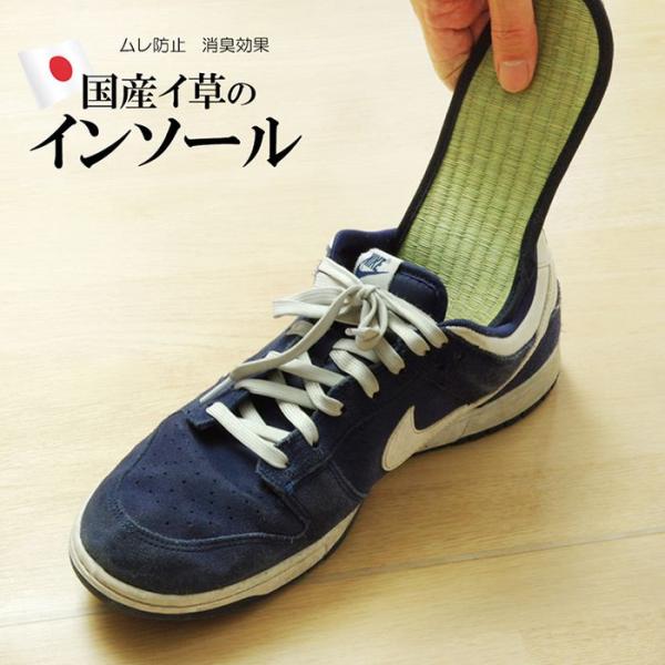 い草を使用したインソールです。い草の消臭効果・湿度調整機能で、蒸れを抑え、臭いを消臭する効果があります。革靴やスニーカーなどにもおすすめです。サイズは22cmから27cmまでご用意しています。