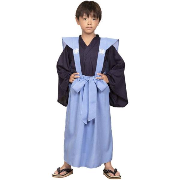 キッズコスプレコスチューム。裃がカッコイイ侍コスチューム。上衣はストレッチ素材でかぶりで着用できるので、着脱しやすく、袴風スカートはボタンで留められるので、着くずれもしにくいです！ハロウィン、おままごと、お遊戯会にぴったり。プレゼントにもお...