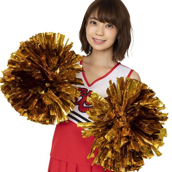 応援 ポンポン 金。応援やチアのコスチュームに！持ちやすいしっかりした持ち手付き。ポンポンは畳んだ状態なので1枚ずつ手で広げて下さい。