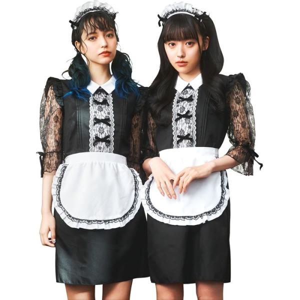 女の子が満足するガーリーを追求したMoonTalkシリーズ。リボンが沢山付いたガーリーなメイド。小さめの襟にタイトなシルエットが今っぽい。袖のレースや肩のレースなど女の子らしさが詰まった一着です。