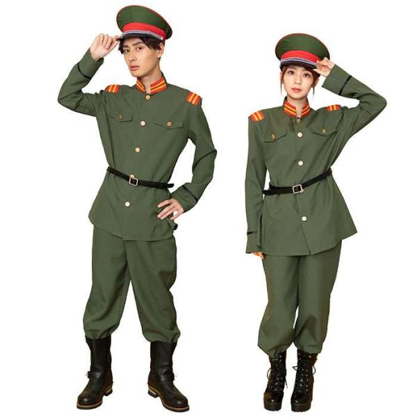 MENコス 軍服 。大正ロマンを感じるカーキー色の軍服。襟と肩章の目を引くブレードがポイントです。付属の細いベルトをジャケットの上からしめるのがレトロなカッコ良さ。帽子はしっかりとした作りで高級感があります。