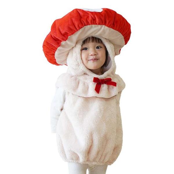 ころんと丸いフォルムが愛らしい、赤いきのこをモチーフにしたベビー用コスチューム。大きな水玉柄の赤い傘が目を引くデザインで、フードをかぶるとまるで森の中に現れた小さな妖精のような姿に。襟元には小さな赤いリボンがあしらわれ、ナチュラルでやわらか...