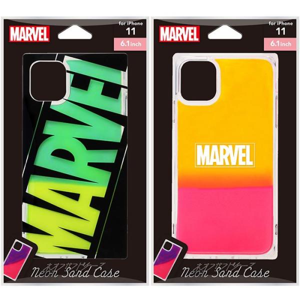 「MARVEL」ロゴデザインの暗闇の中でほんのり光る蓄光タイプのiPhone 11用ネオンサンドケースです。ケースを傾けると中のカラフルなネオンサンドが流れます。MIL規格（MIL-STD-810G)の2項目、落下、振動に準拠した試験をクリ...